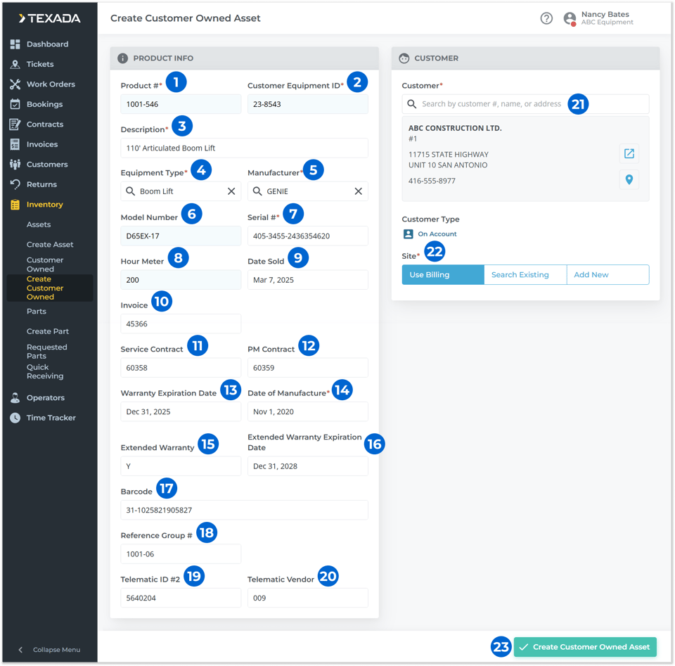 The Create / Edit Customer Owned Asset Page